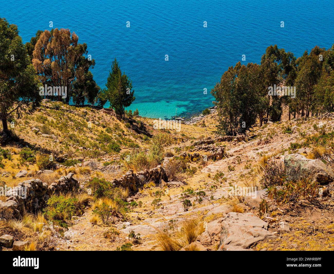 Wild coast and emerald waters of island Taquile, Lake Titicaca, Puno ...