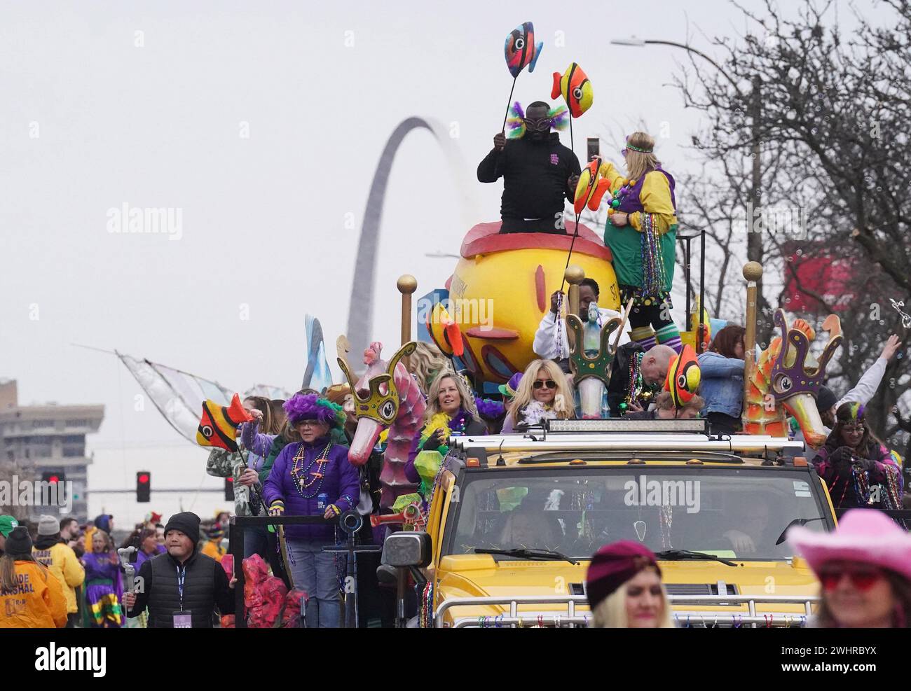 St. Louis, United States. 10th Feb, 2024. Parade participants on floats ...