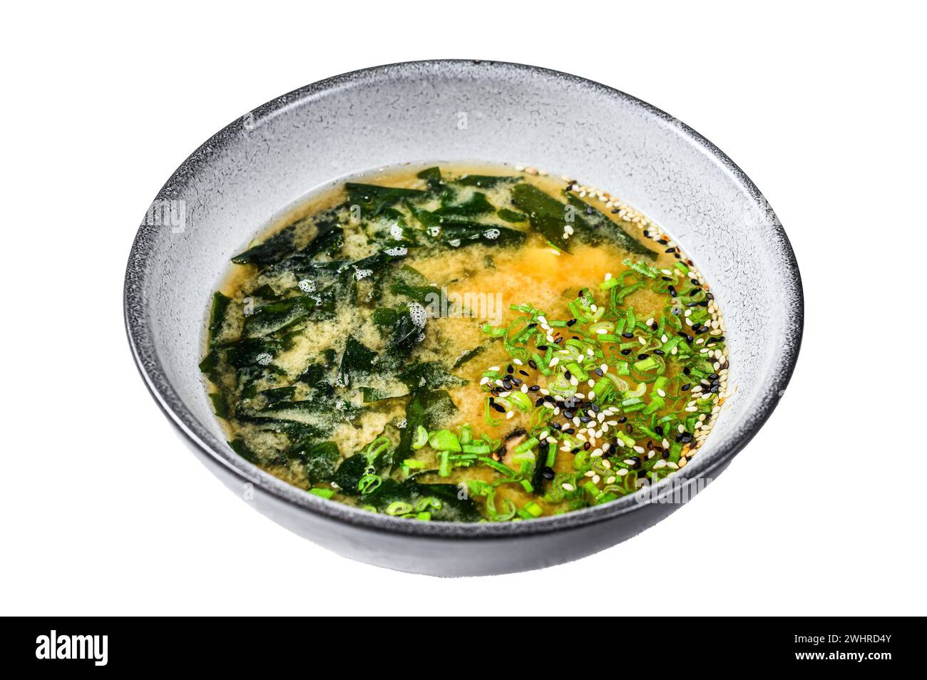 Hot miso soup in a bowl. Isolated on white background. Top view Stock ...