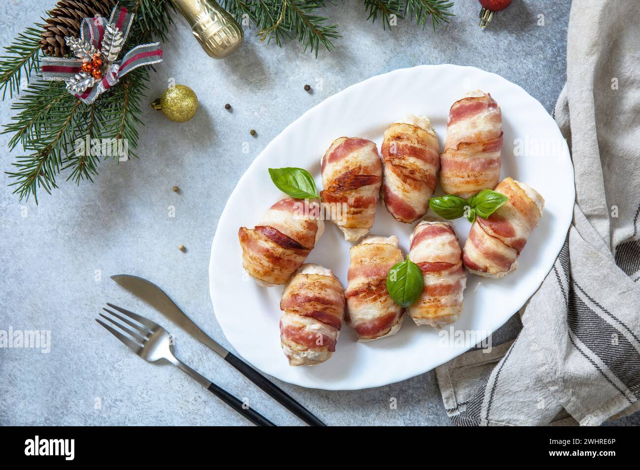 Christmas dinner, holiday menu. Baked chicken fillet with ricotta in ...