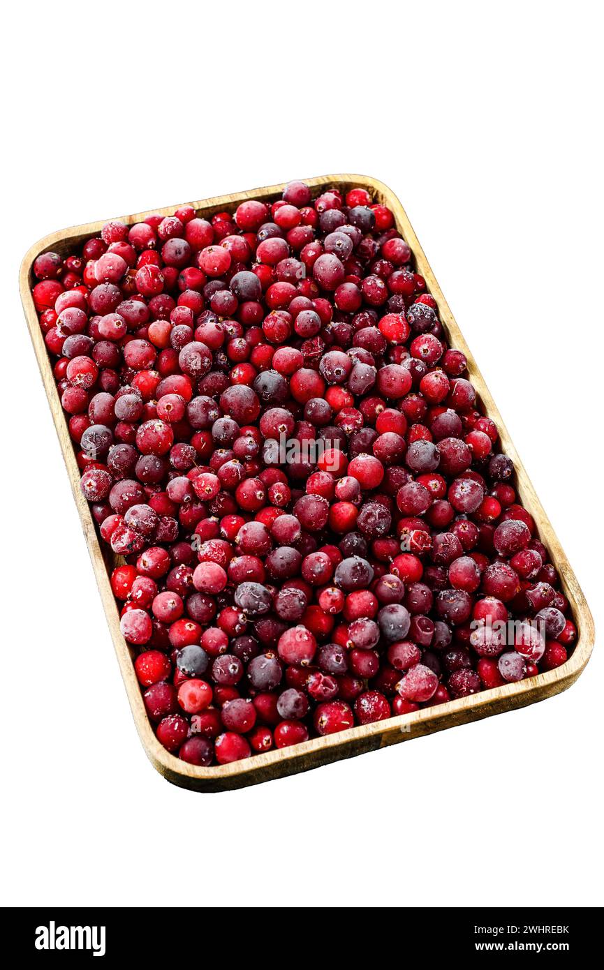 Frozen cranberries in a wooden bowl. Isolated on white background. Top ...