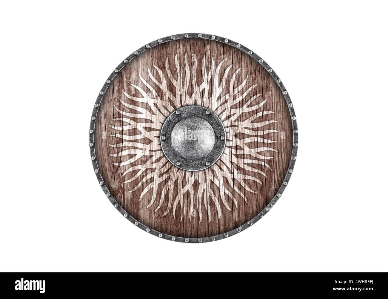 Old decorated wooden round shield isolated on white background Stock ...