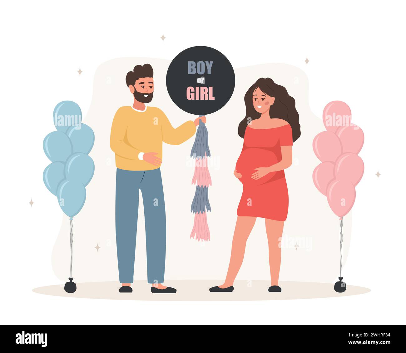 Gender reveal party. Couple holding balloon with inscription Boy or ...
