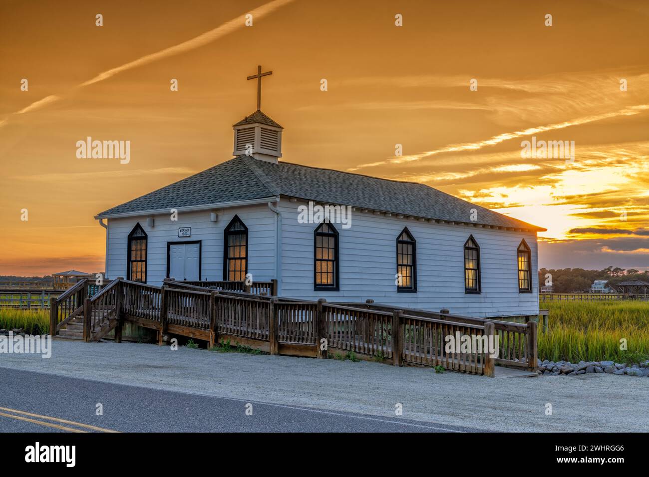 View of the historic Pawleys Island Chapel on the marsh at sunset Stock ...