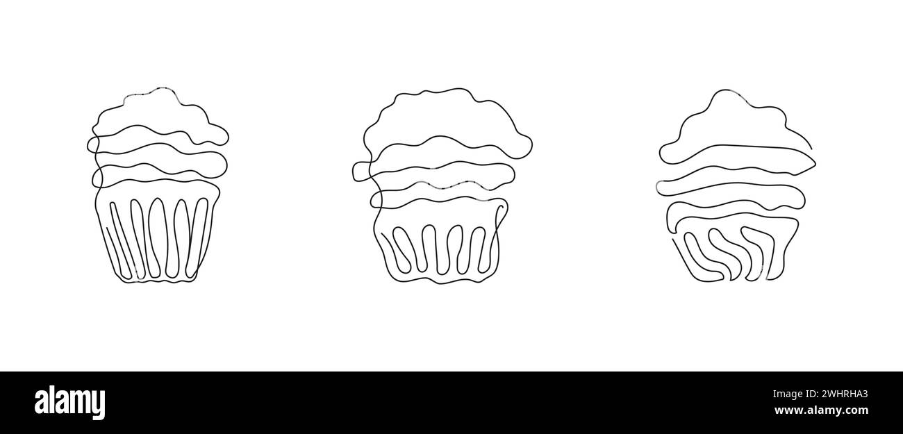 Set of cupcakes in style of continuous one line drawing. Simple line art of muffins with wavy ...
