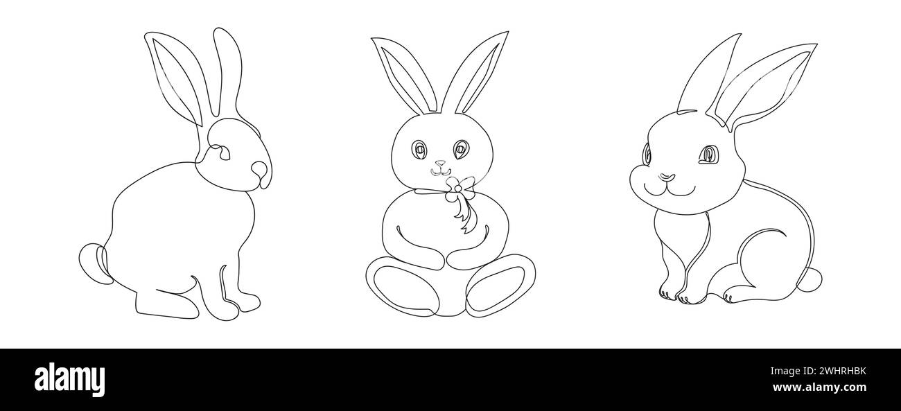 Set of Rabbits. Continuous one line drawing. Simple line art of Easter ...