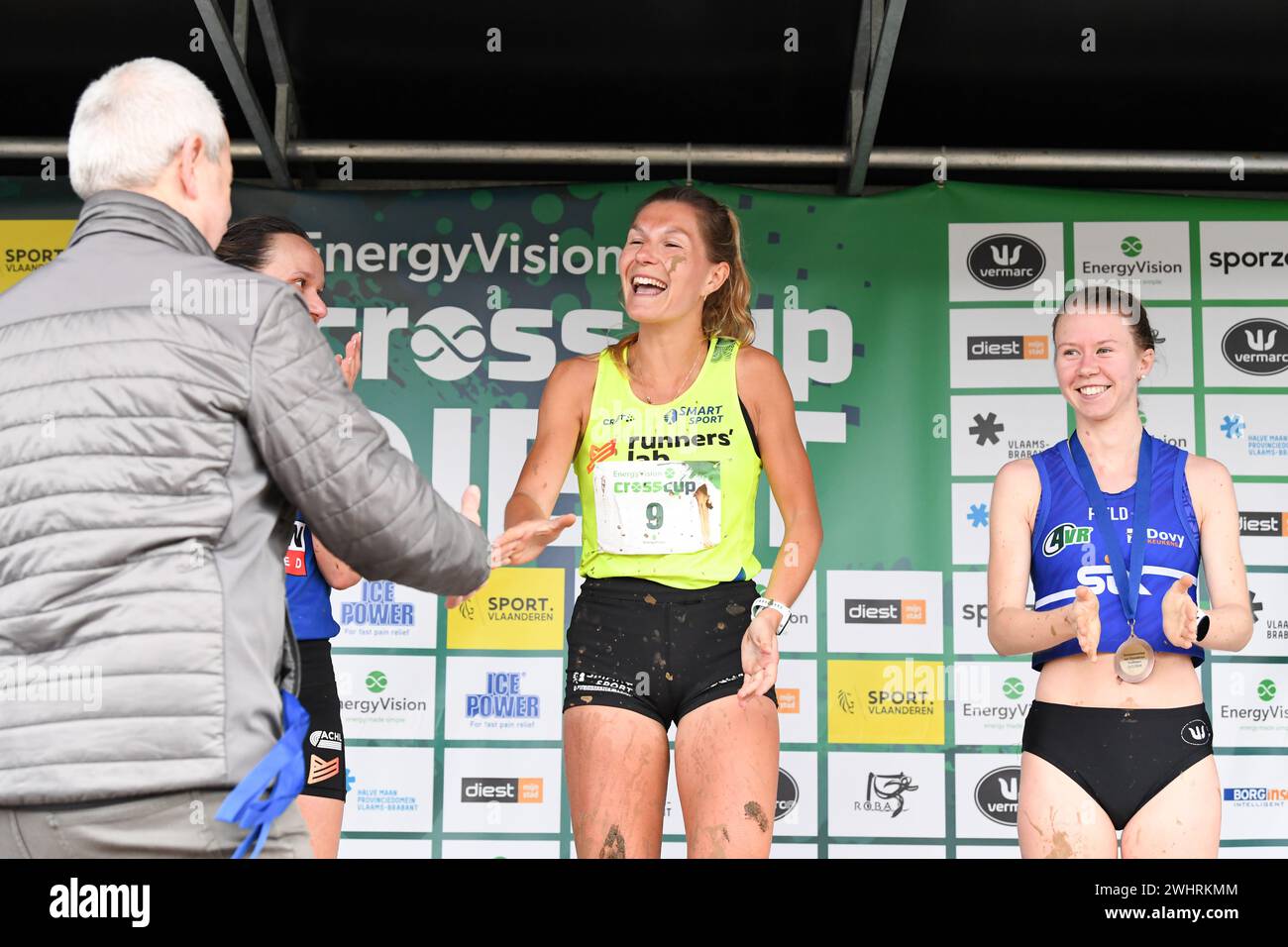 Belgian Victoria Warpy celebrates on the podium after the women's race ...