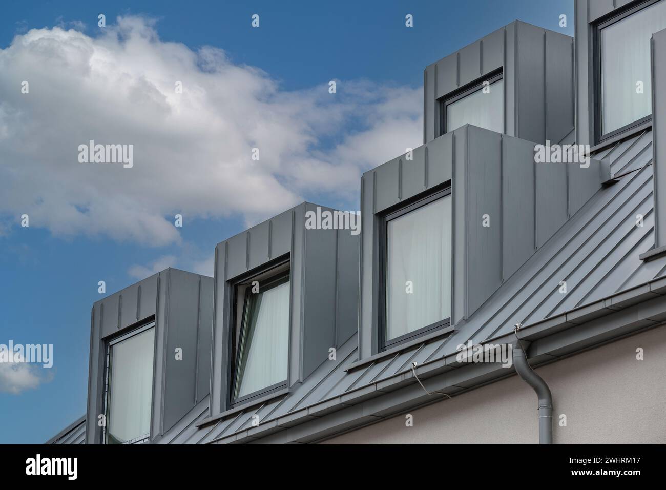 straight dormers on a sloping tin roof Stock Photo - Alamy