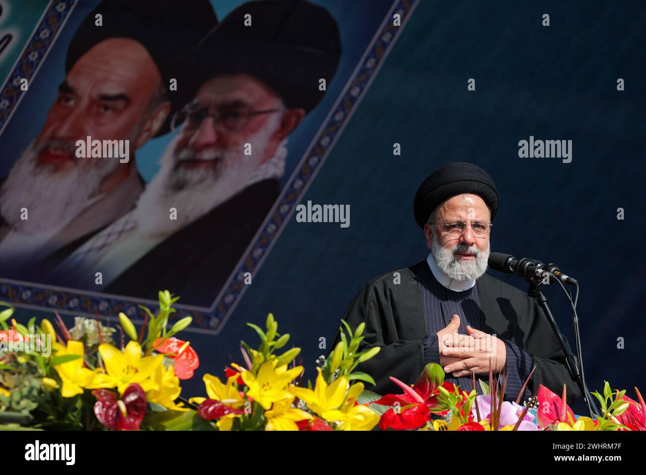 Tehran, Iran. 11th Feb, 2024. Iranian president EBRAHIM RAISI greeting ...