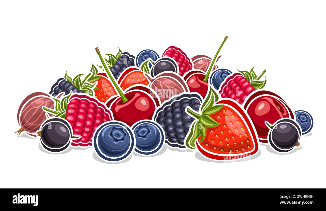 Vector Berry Pile, decorative banner with outline illustration of berry ...