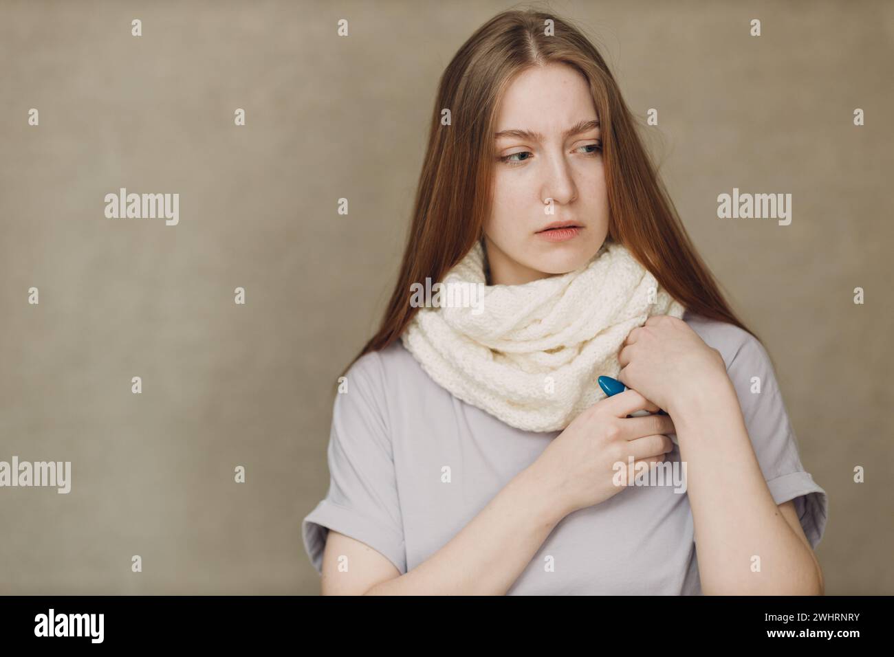 Young woman has flu catarrh ill sick disease treatment cold check ...