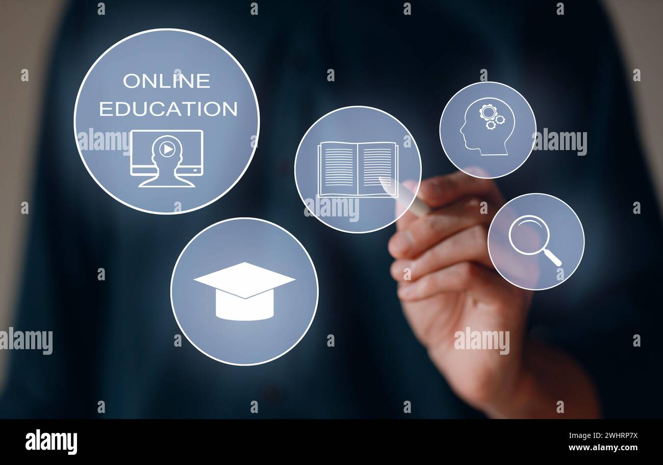 E-learning and Online Education concept. Male student learning internet ...