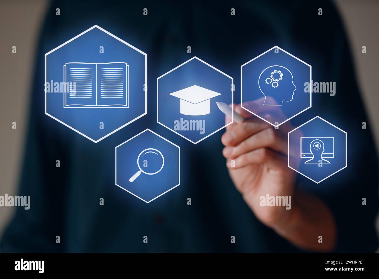 E-learning and Online Education concept. Male student learning internet ...