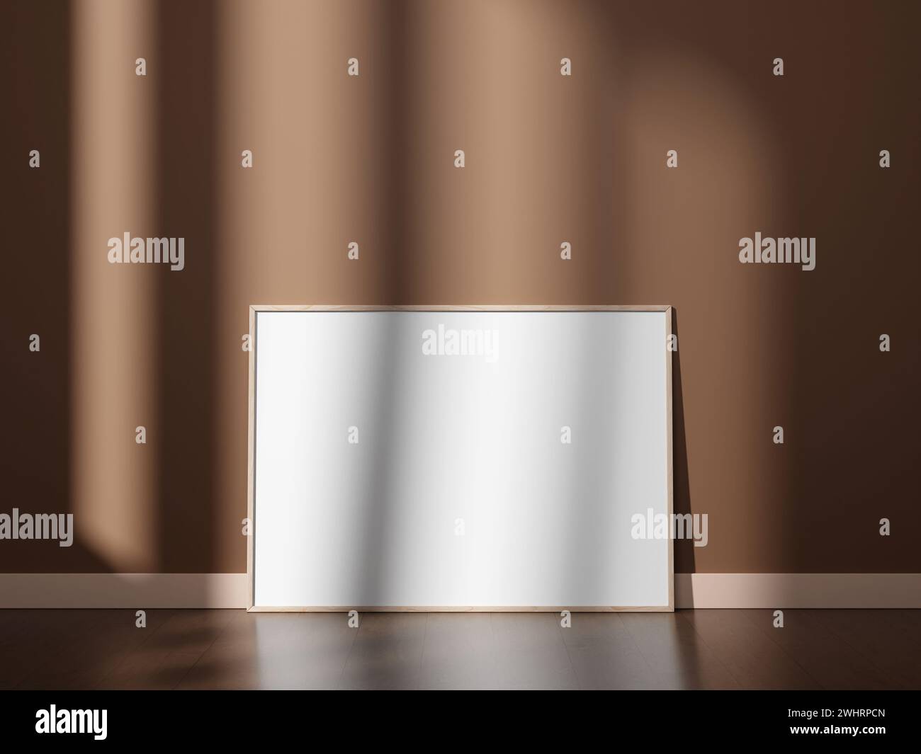 Empty framed canvas on the wooden floor for mockups and art ...