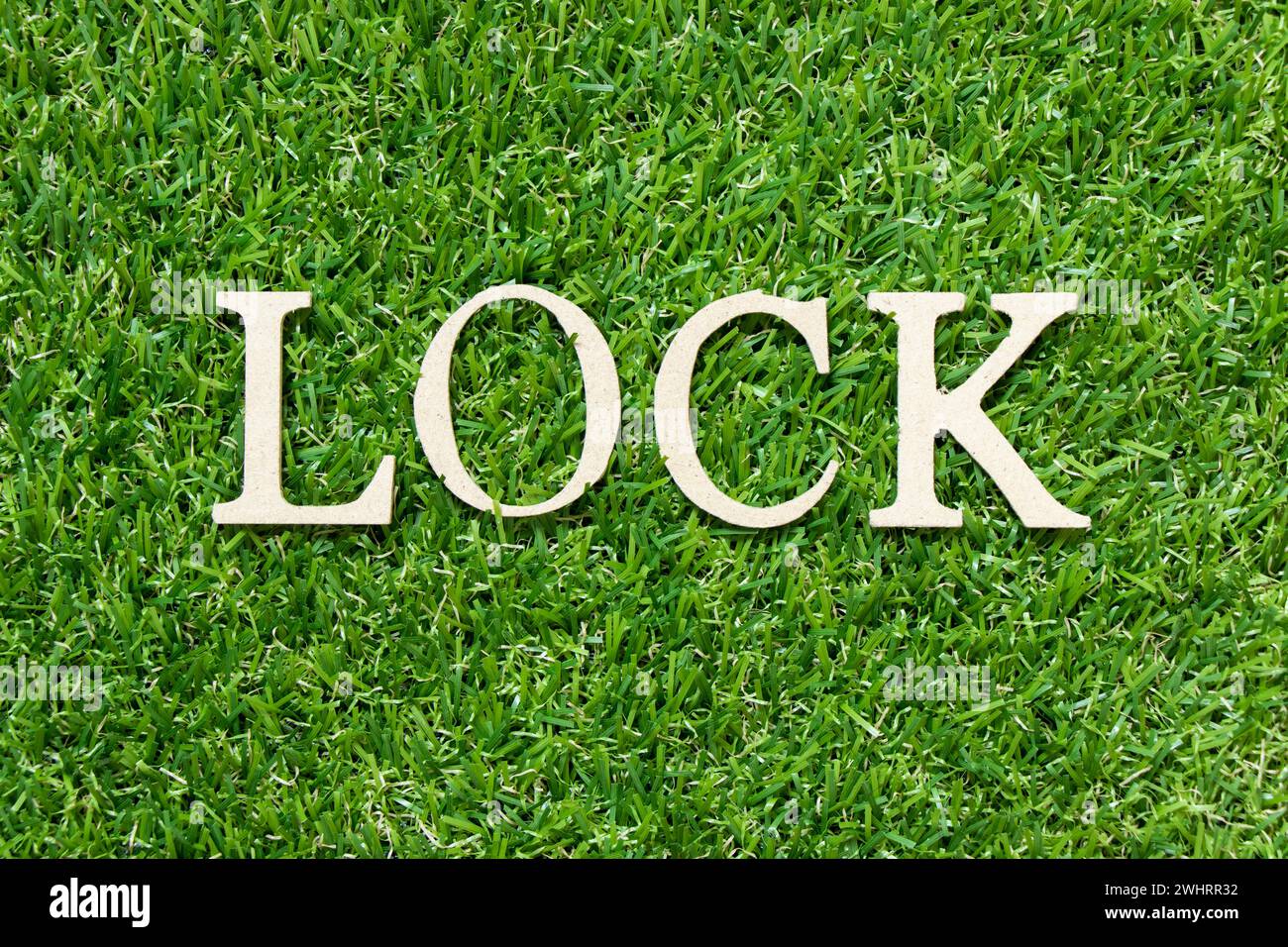 Wood letter in word lock on green grass background Stock Photo - Alamy