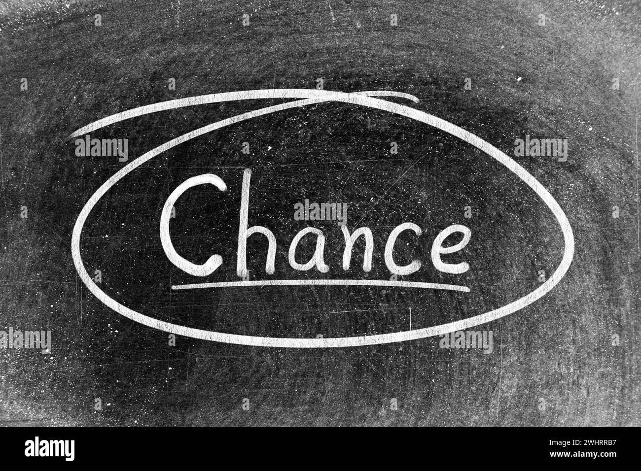 White chalk hand writing in word chance and circle shape on blackboard ...