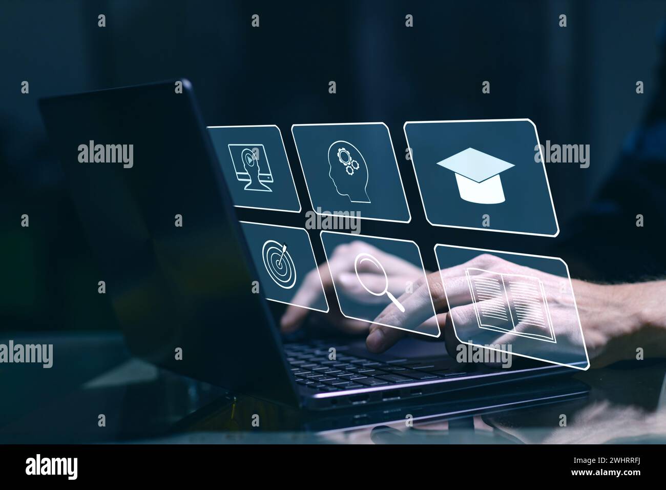 E-learning and Online Education concept. Male student learning lesson ...