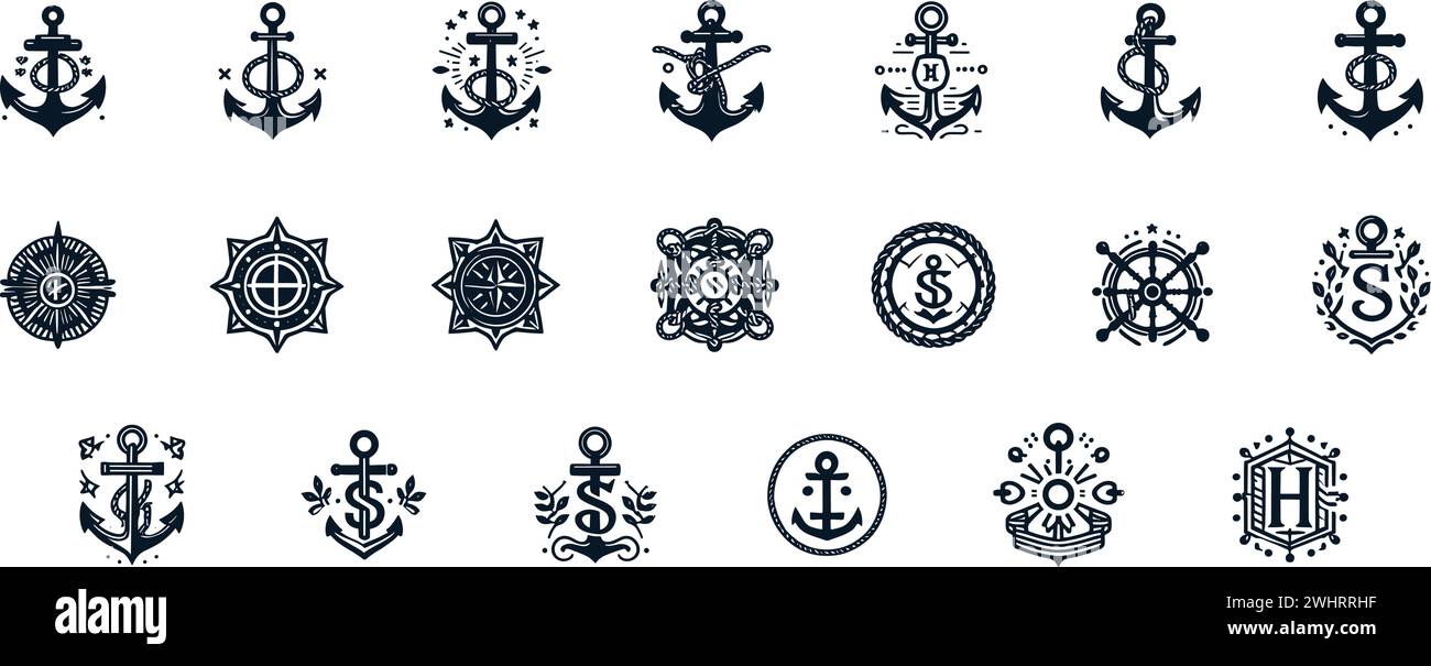 Stylized Sea Navigation Symbols - Anchors and Steering Stock Vector ...