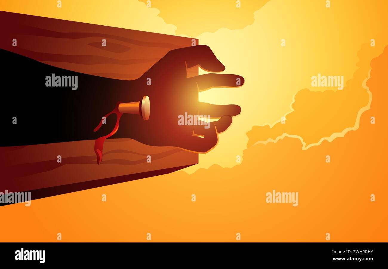 Biblical vector illustration of Jesus hand nailed on cross, Good Friday ...