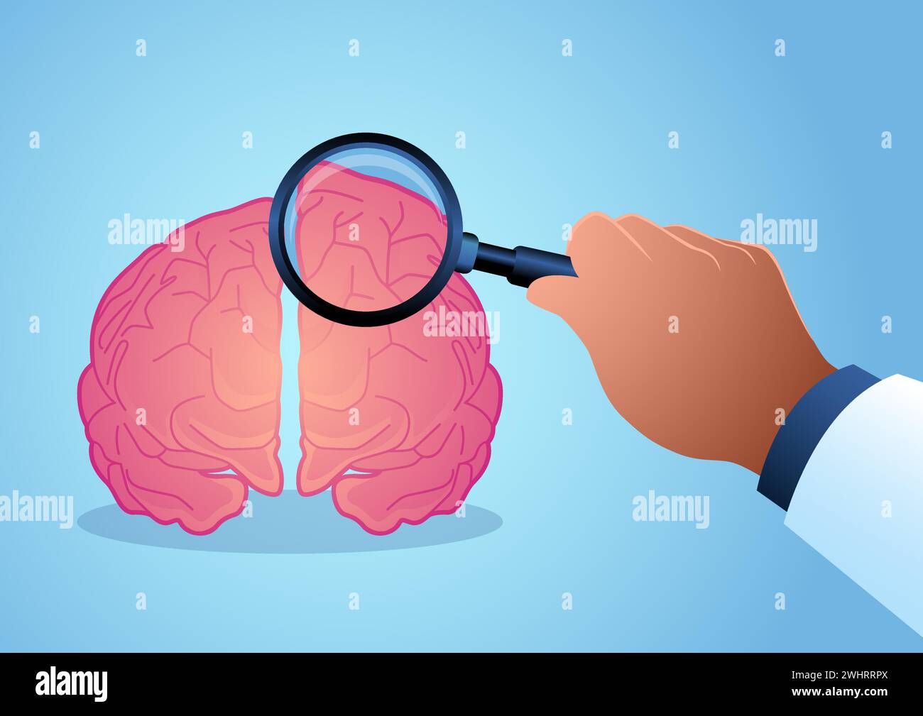 Vector illustrations of a doctor's hand analyzing a human brain with ...