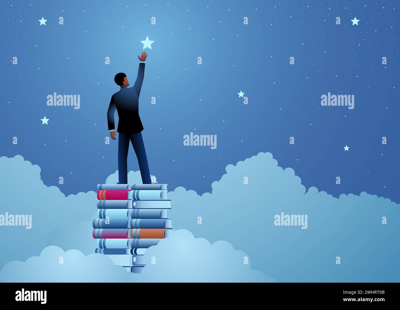 Business concept of an afro man reach out for the stars by using books ...