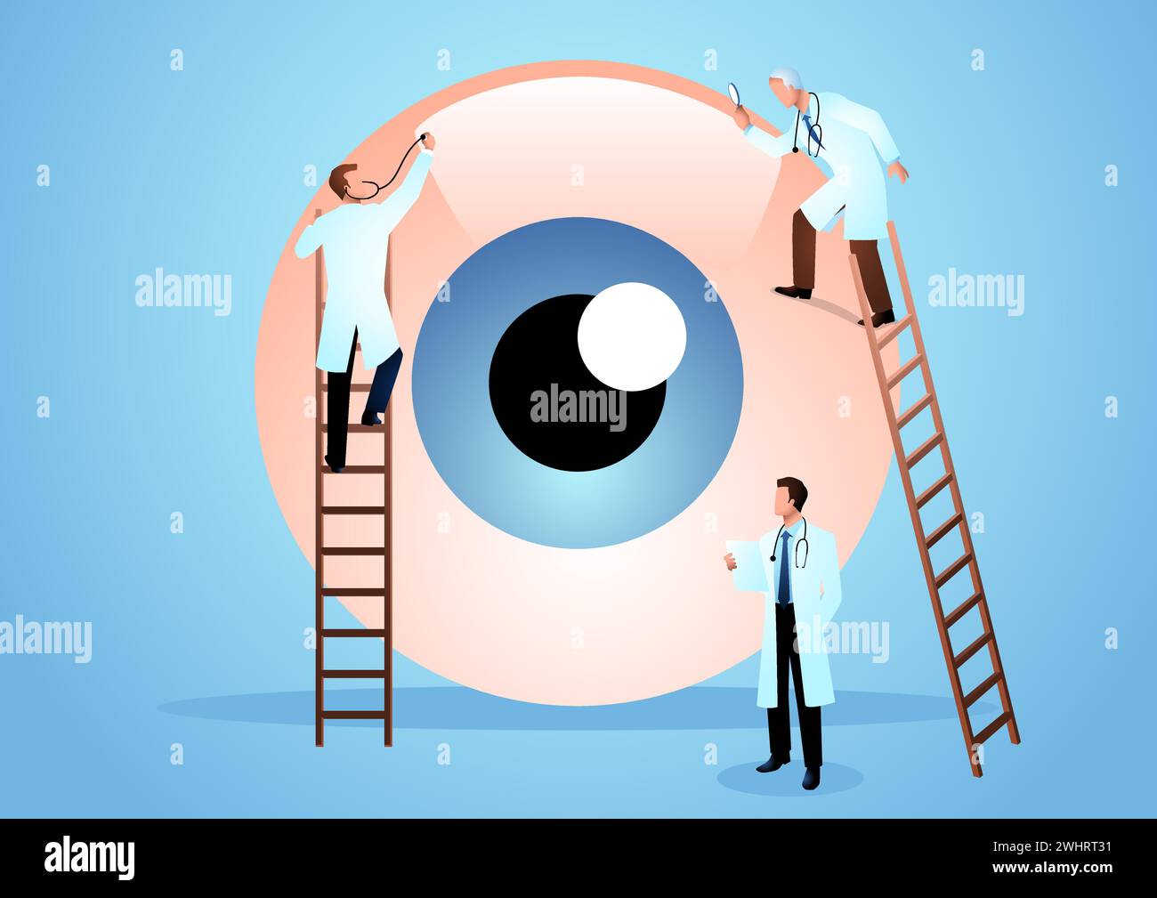 Vector graphic illustration of team of doctors diagnose human eye ...
