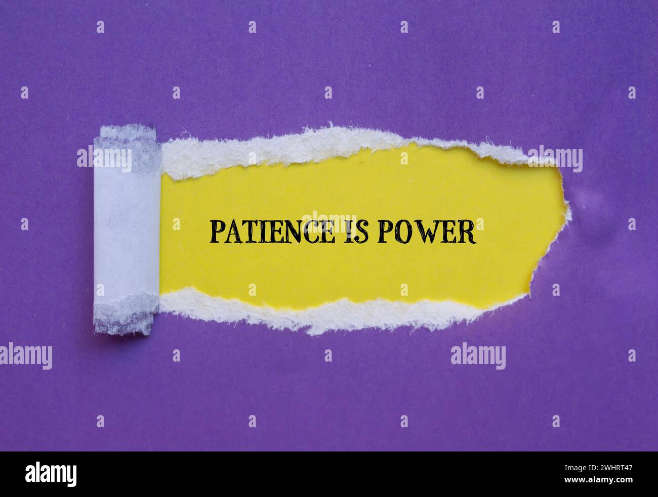 Patience is power lettering on ripped purple paper with yellow ...