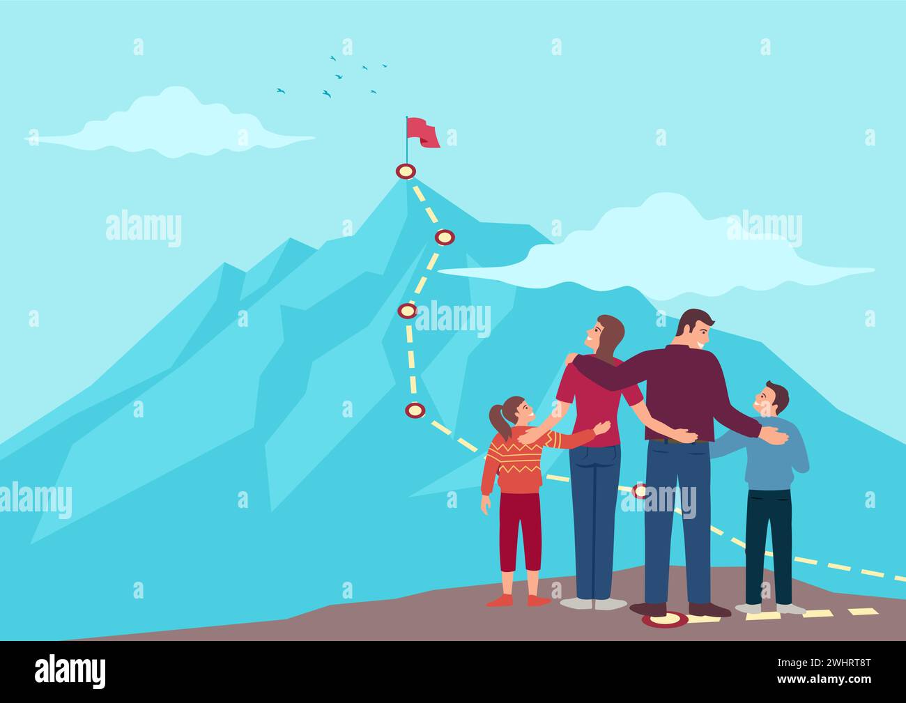 Family looking up at the top of a mountain with a route map, an analogy ...