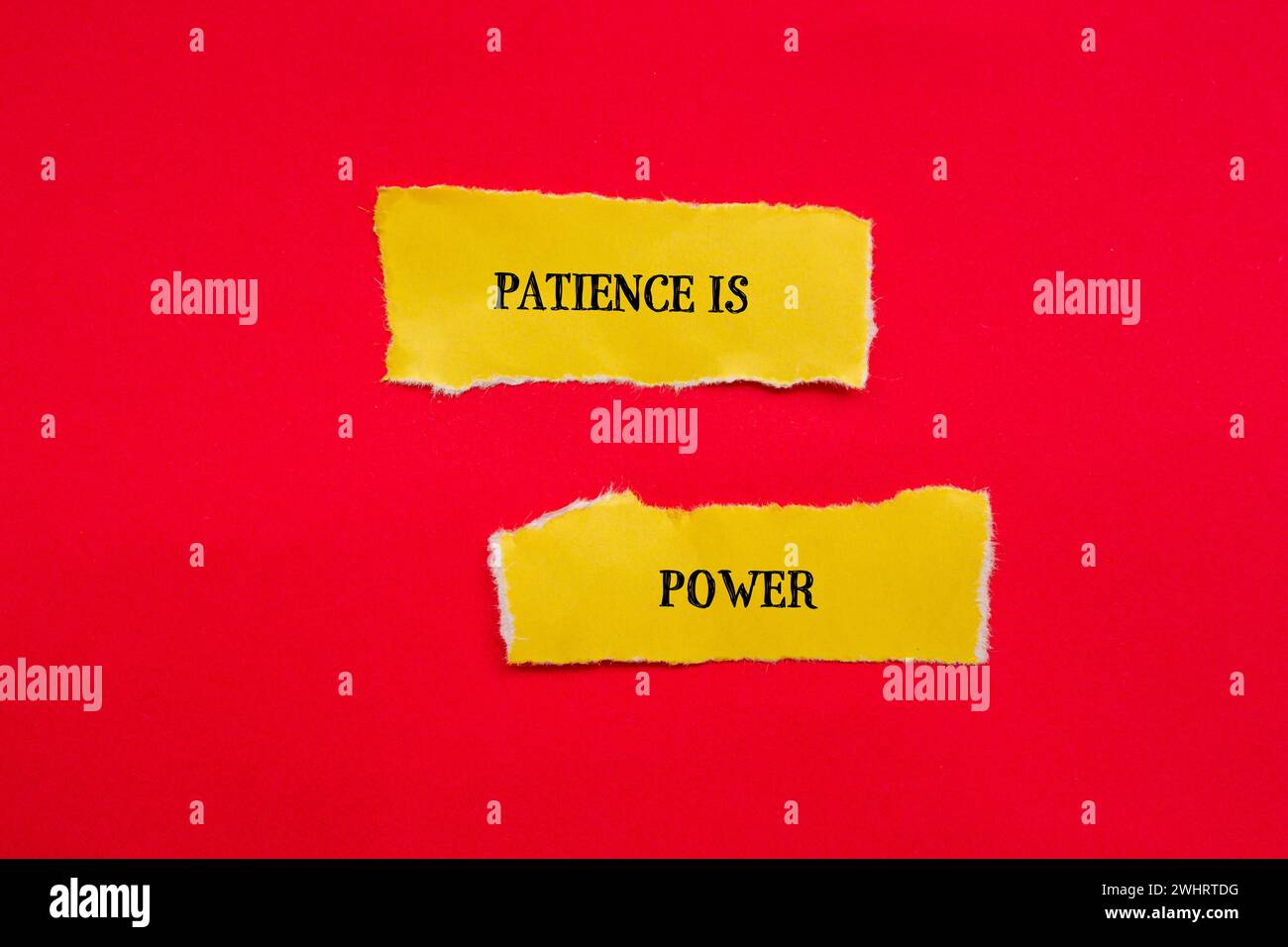 Patience is power lettering on ripped yellow paper with red background ...