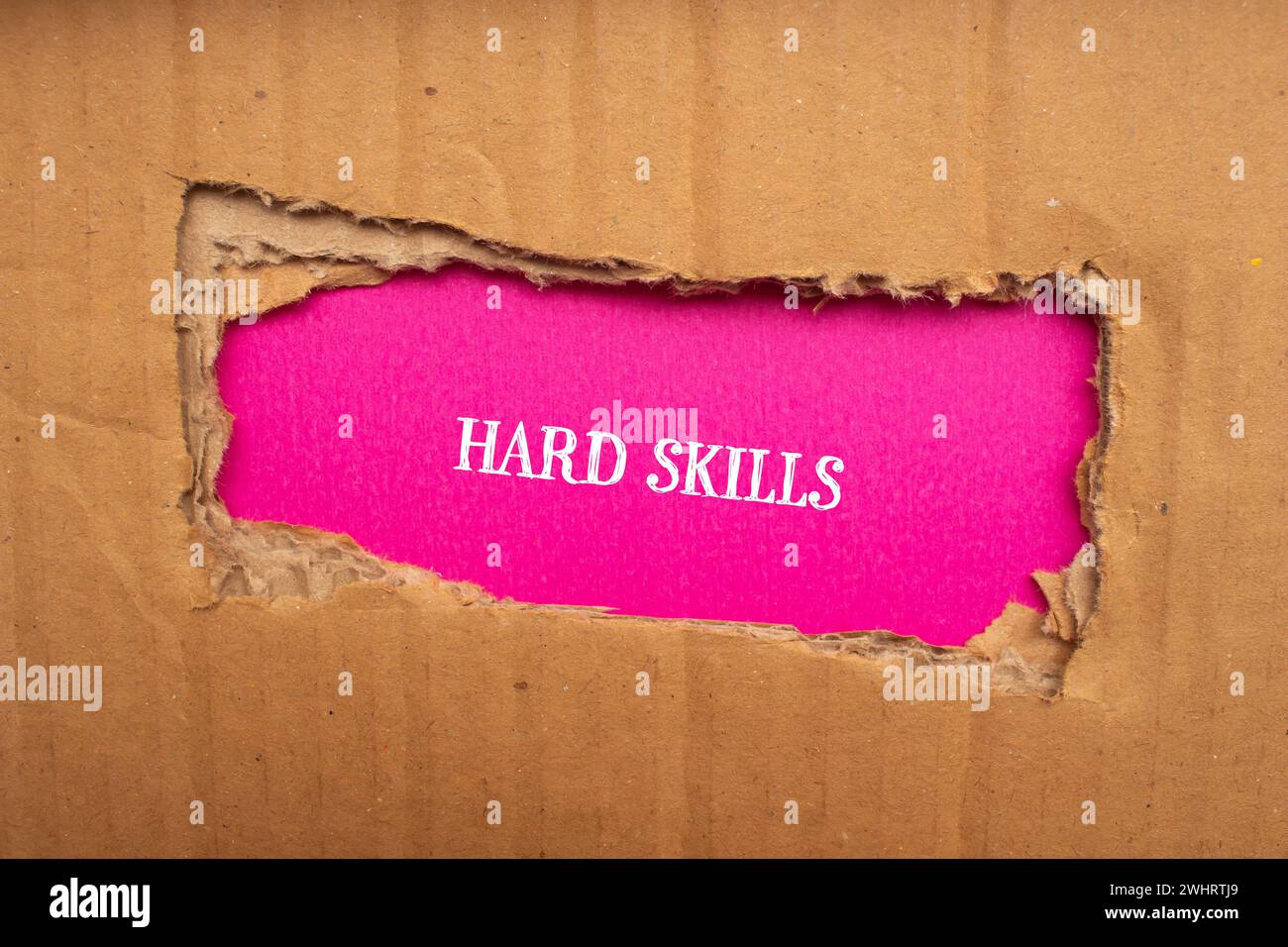 Hard skills words written on torn cardboard paper with pink background ...