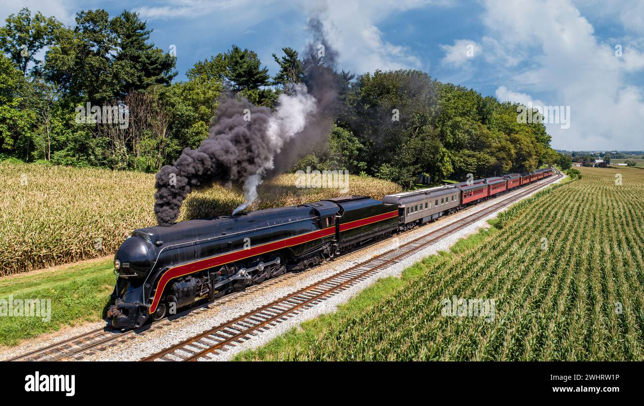 Aerial Front View of a Restored Antique Steam Passenger Train ...