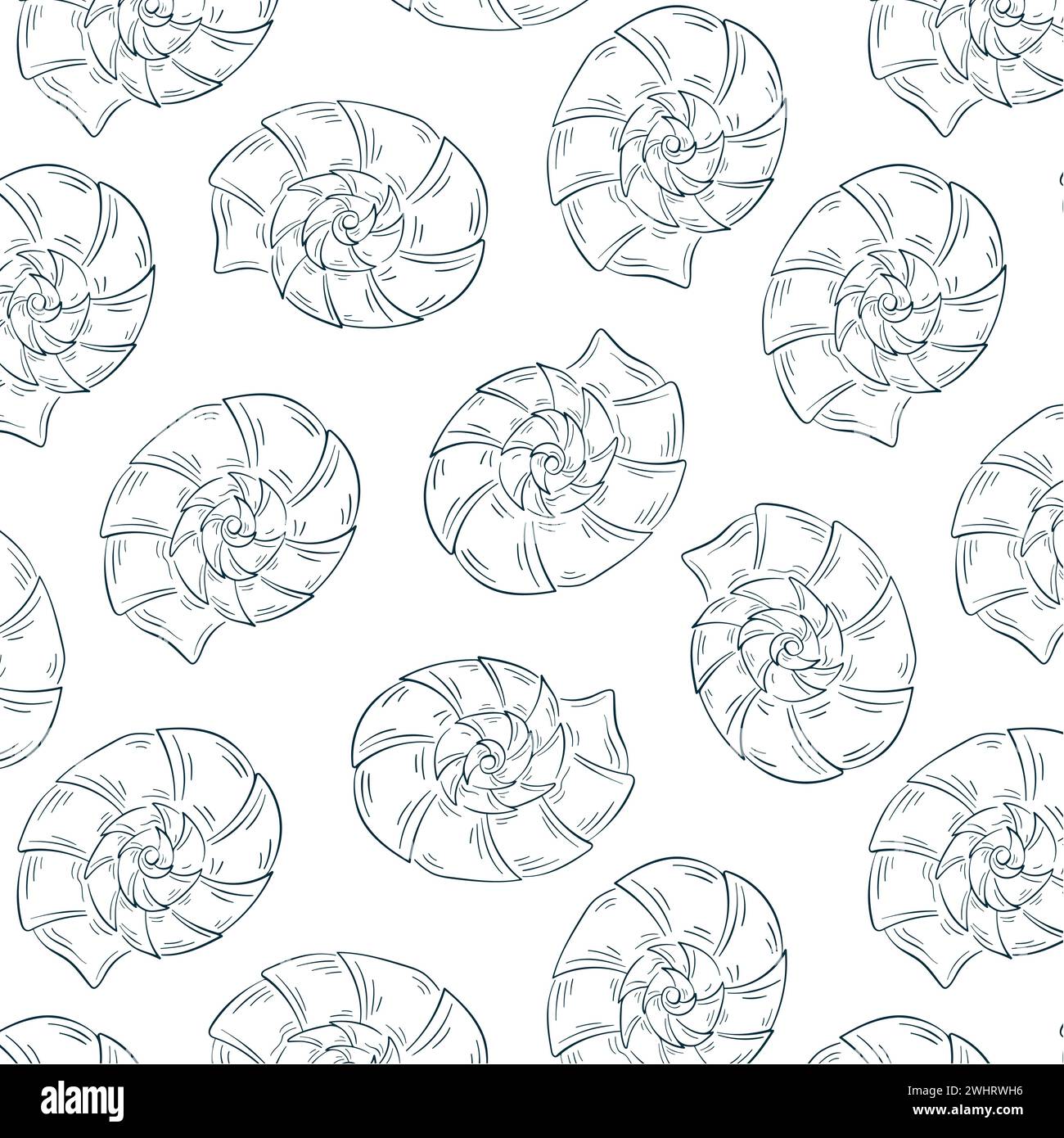 Seashell fossil seamless pattern in line art style. Undersea ocean ...