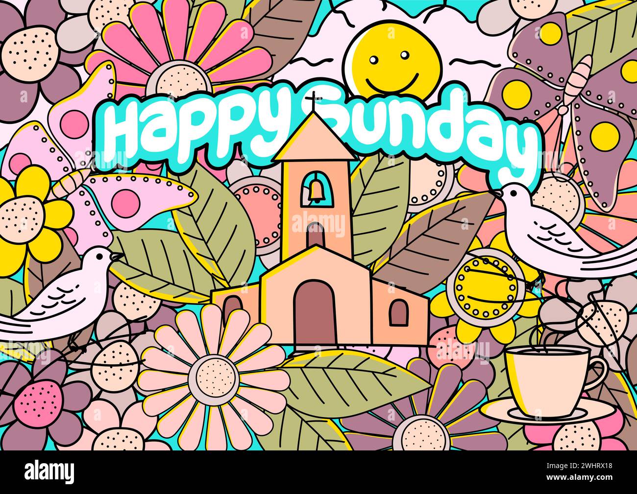Mural art of Happy Sunday typography text vector illustration with ...