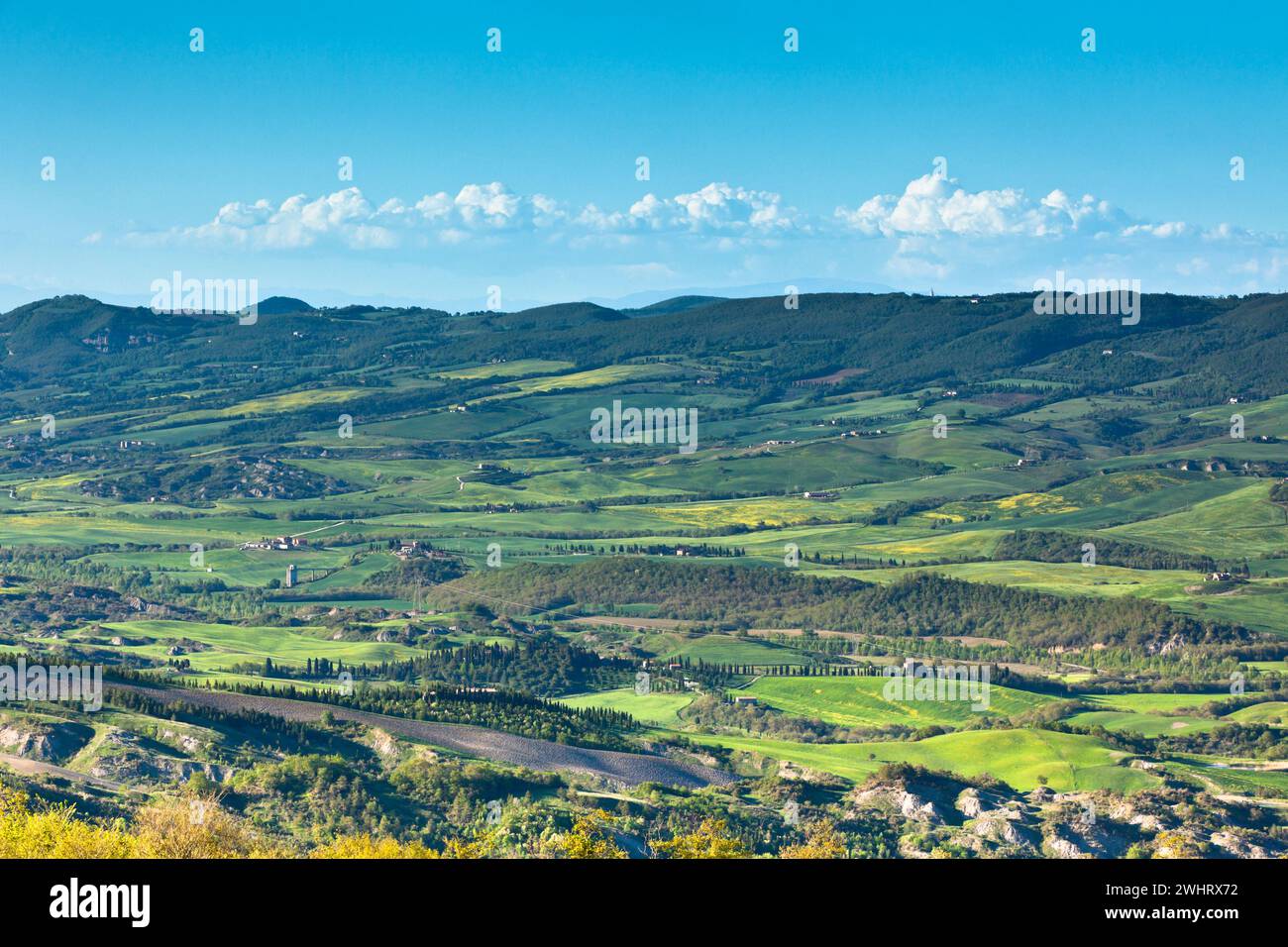 Outdoor Tuscan green field view with blue sky and clouds Stock Photo ...
