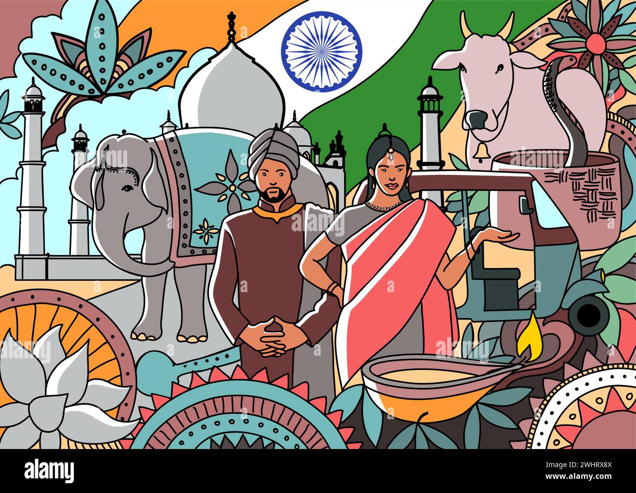 Mural doodle art of India flag decorated with the country famous ...