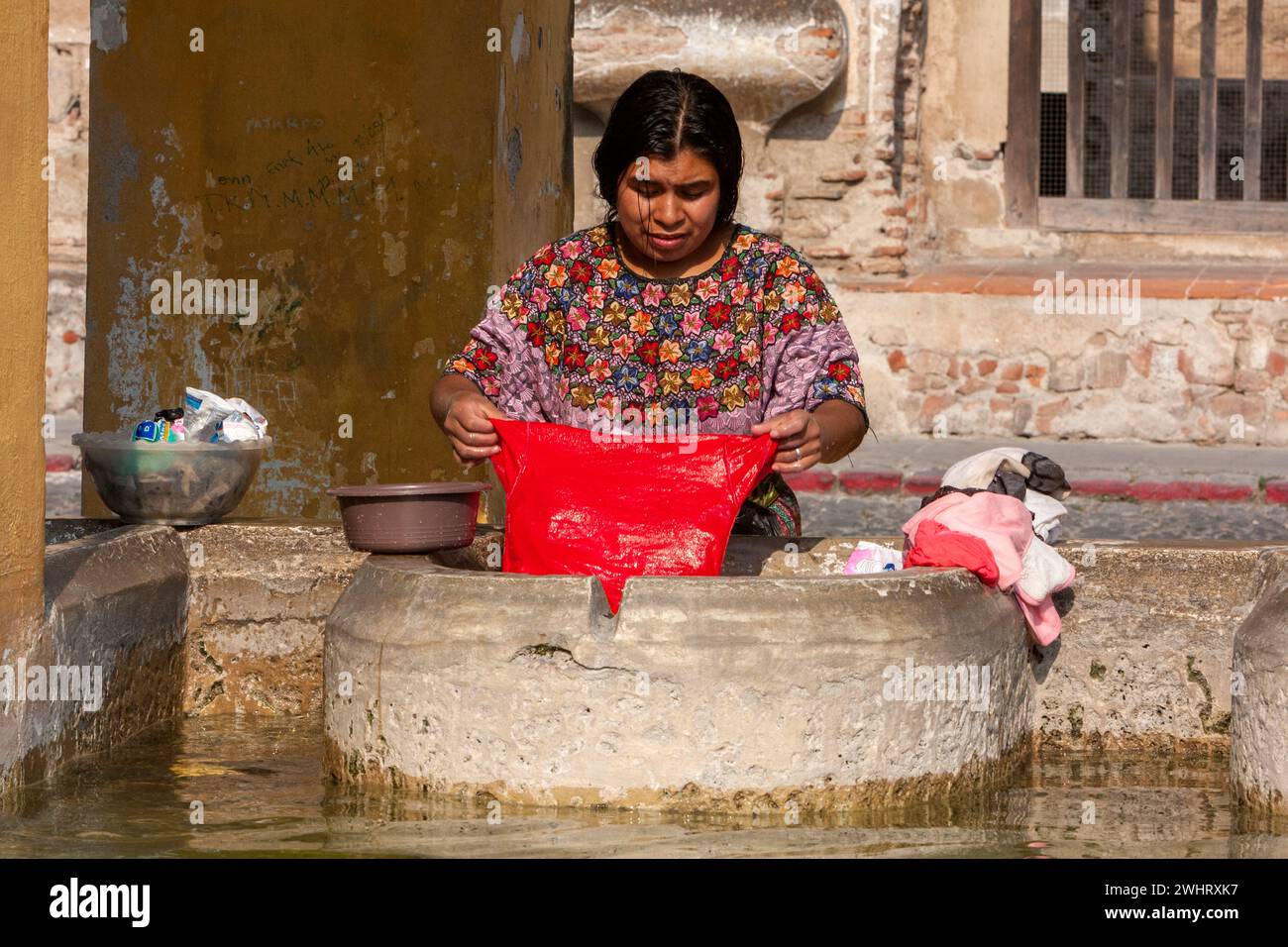 Antigua, Guatemala. Woman Doing Laundry at the Public Pila, or Washing ...