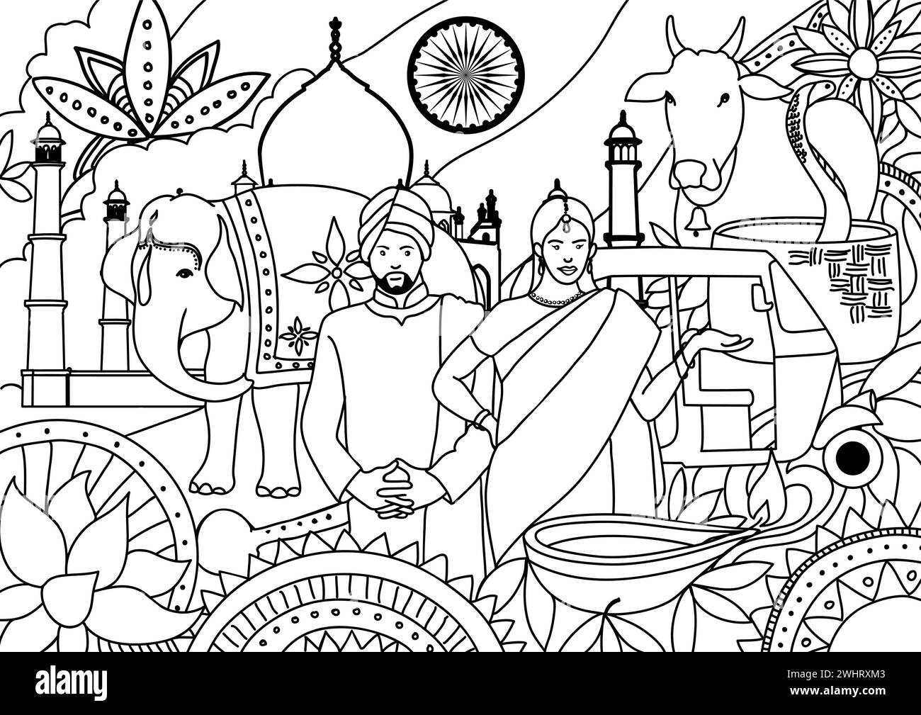 Mural doodle art of India flag decorated with the country famous ...