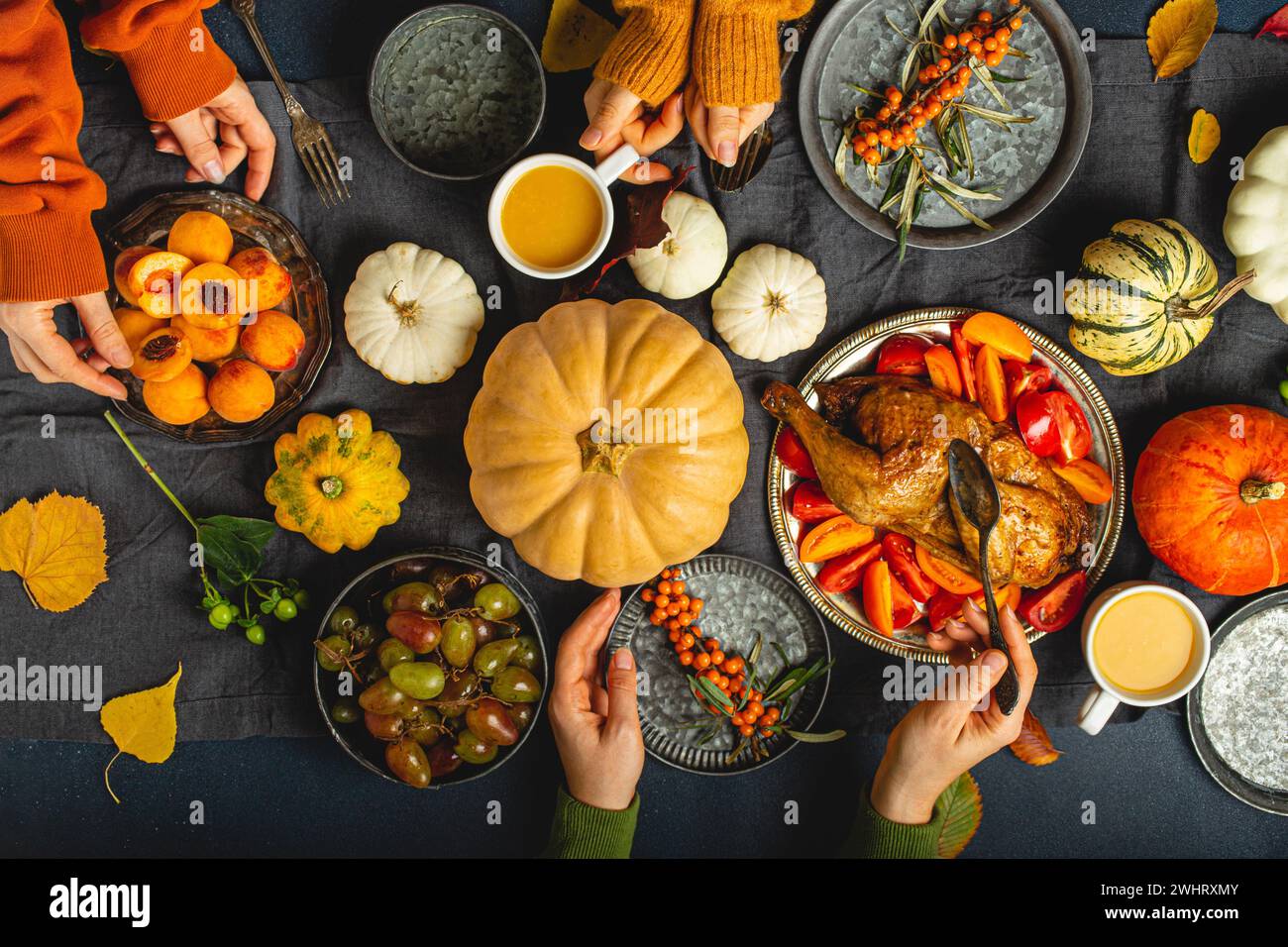 Thanksgiving festive table composition, friends or family eating ...