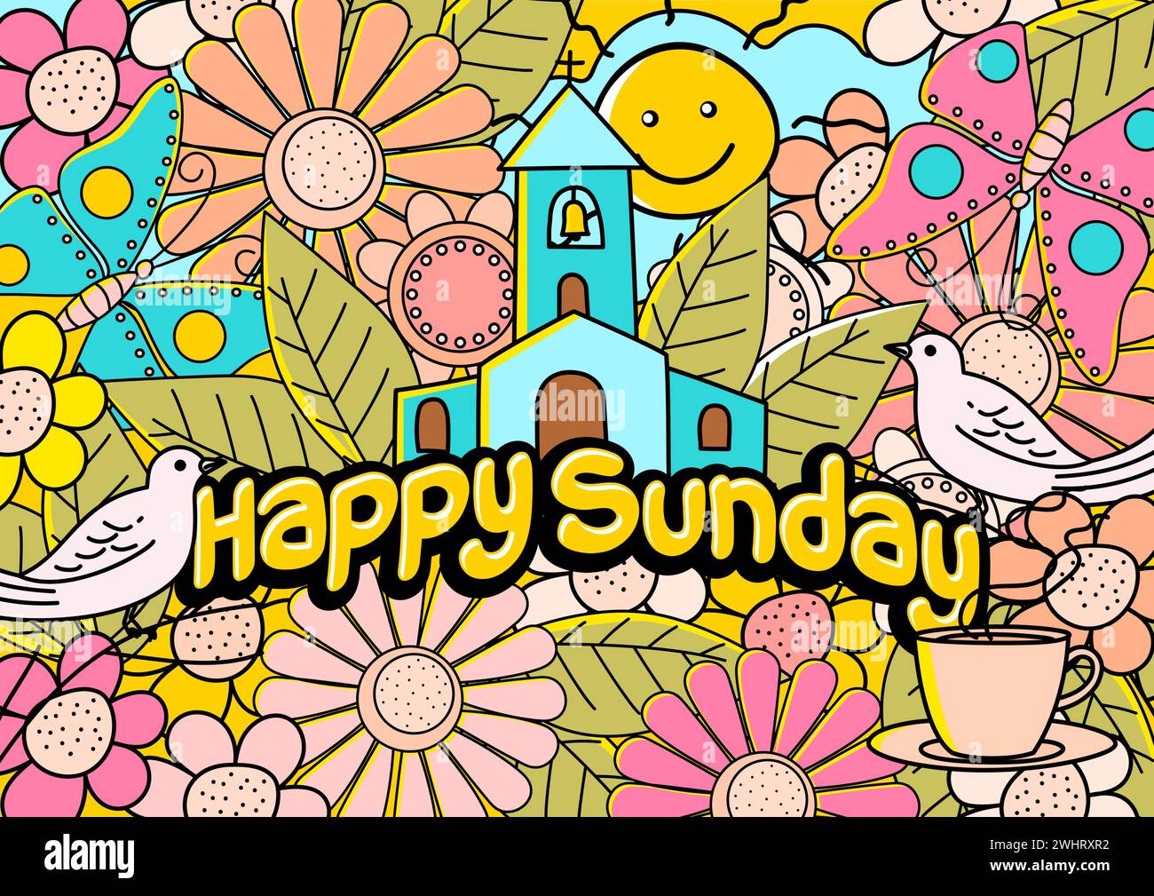 Mural art of Happy Sunday typography text vector illustration with ...