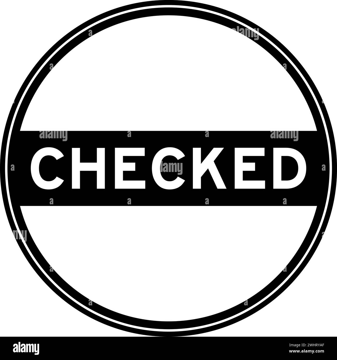 Black color round seal sticker in word checked on white background ...