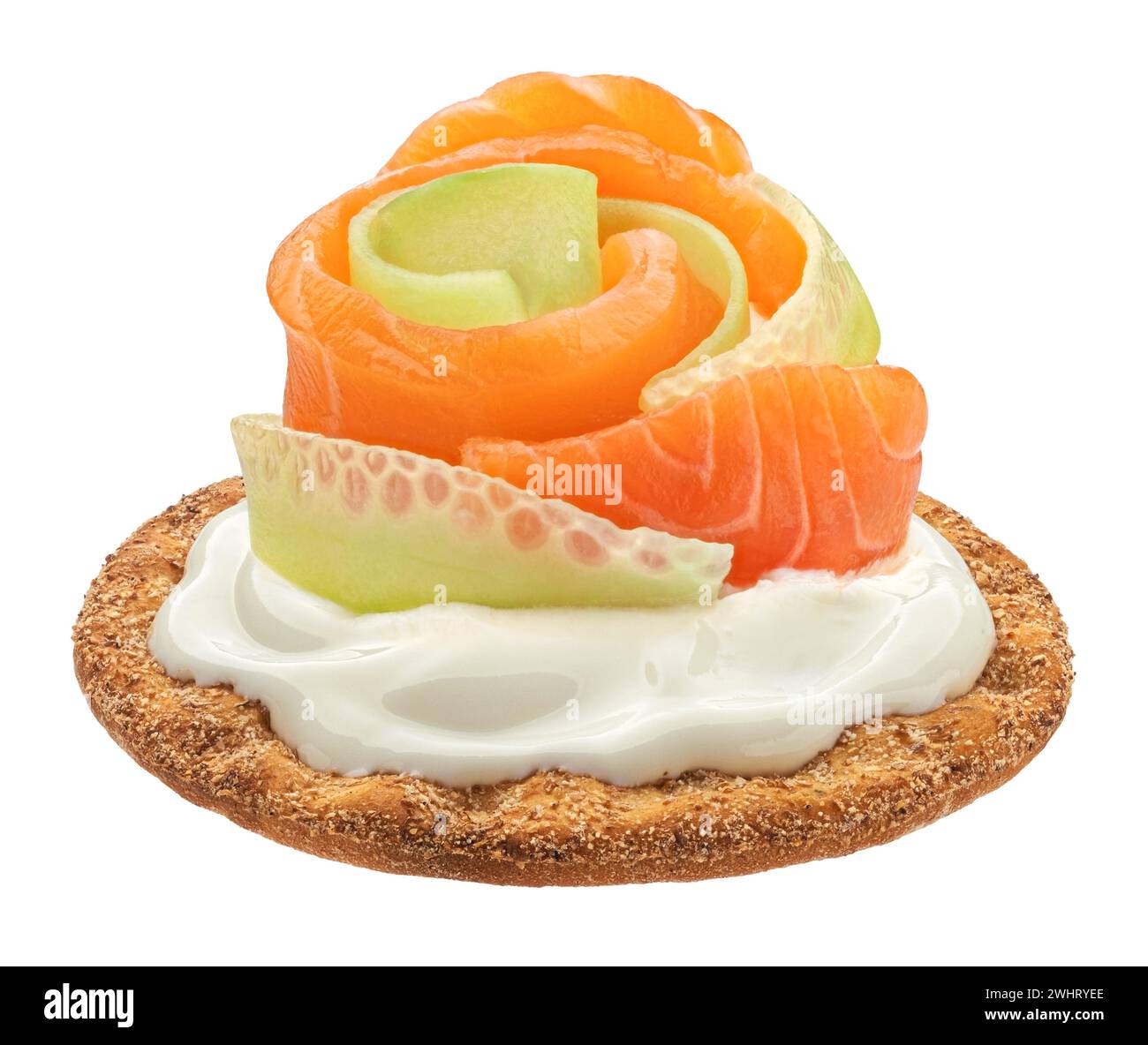 Smoked salmon with cream cheese on cracker isolated on white background ...