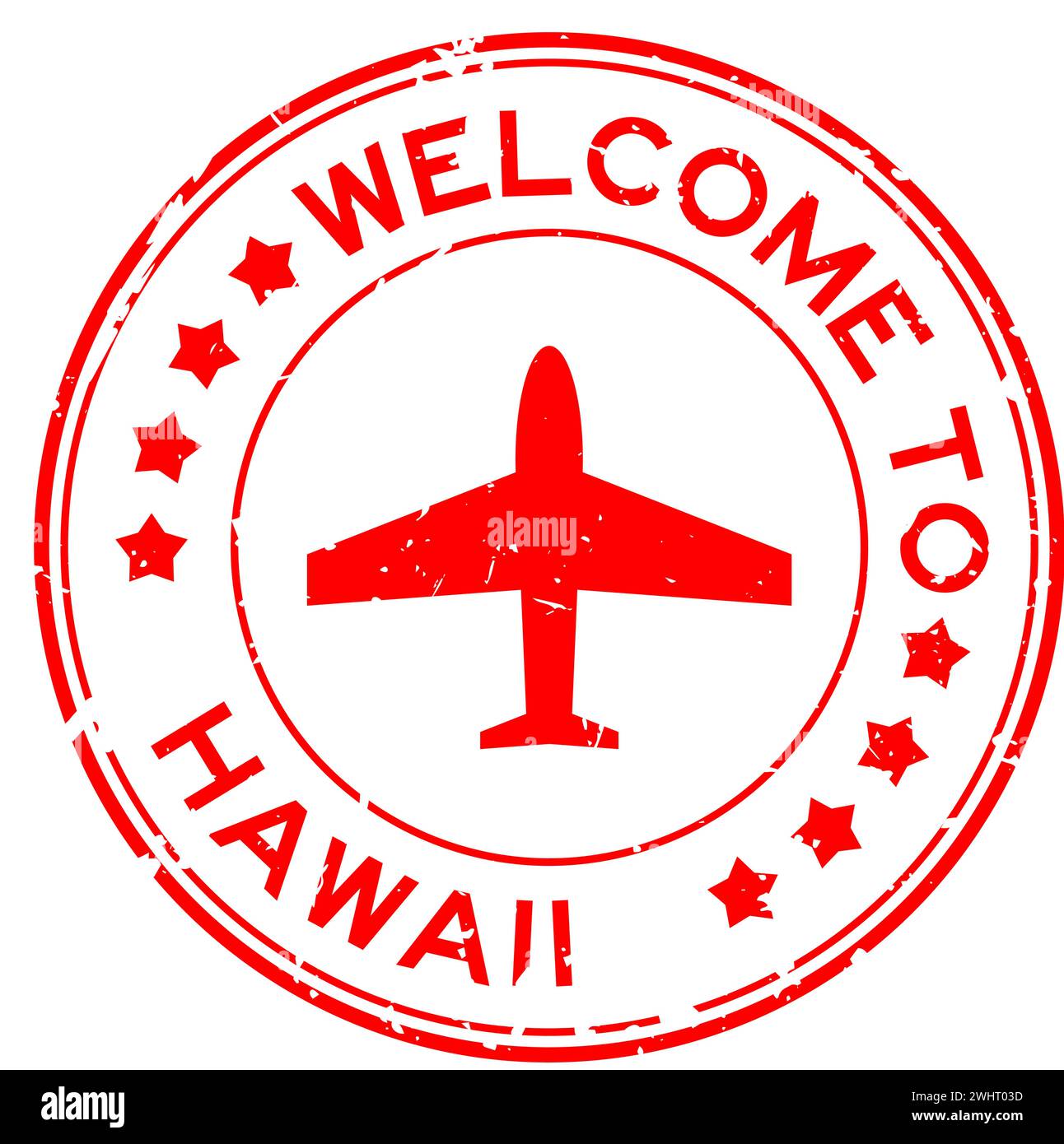Grunge green welcome to word hawaii with plane icon round rubber seal ...
