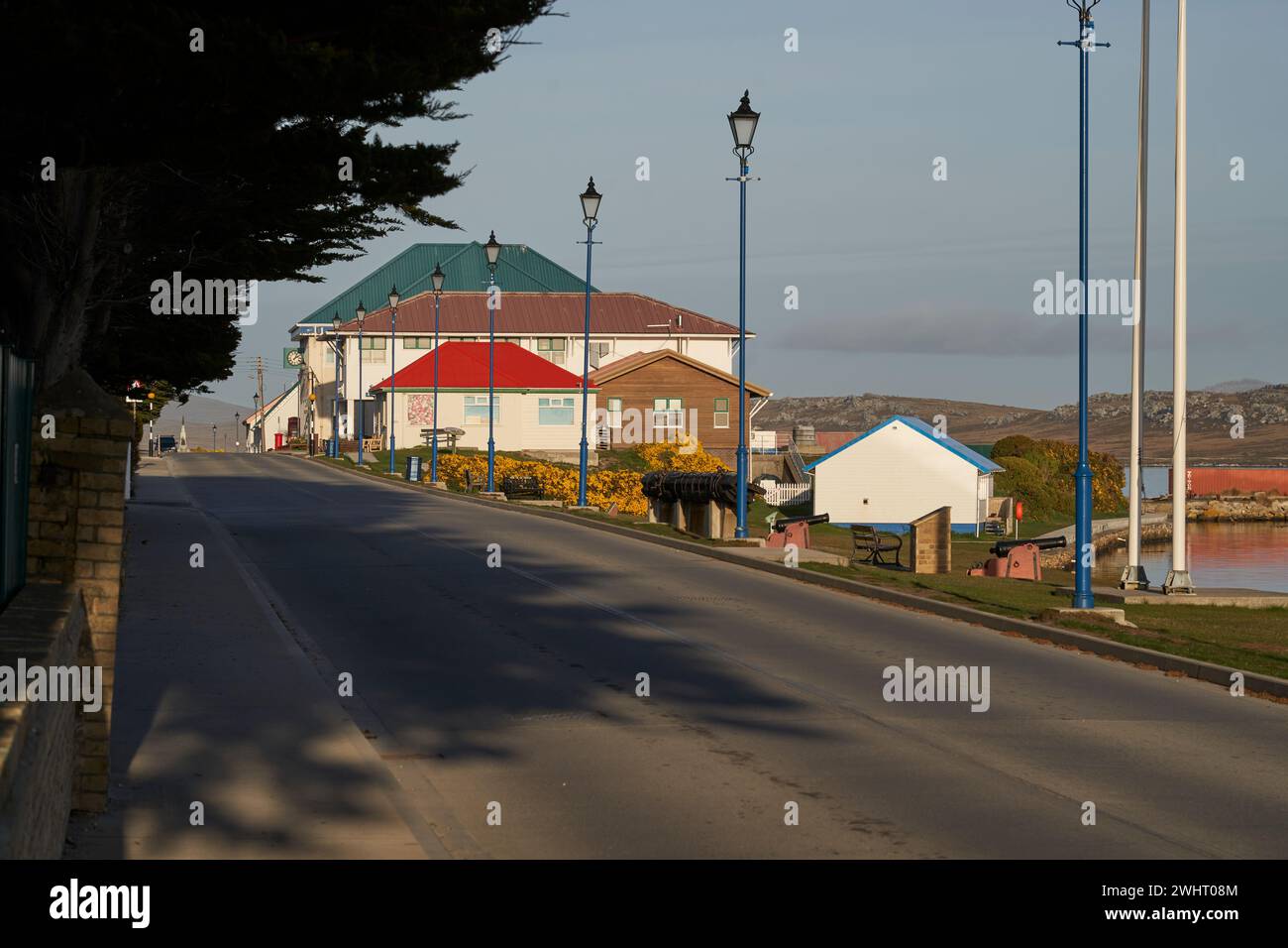 Historic buildings along the waterfront of Stanley, capital of the ...