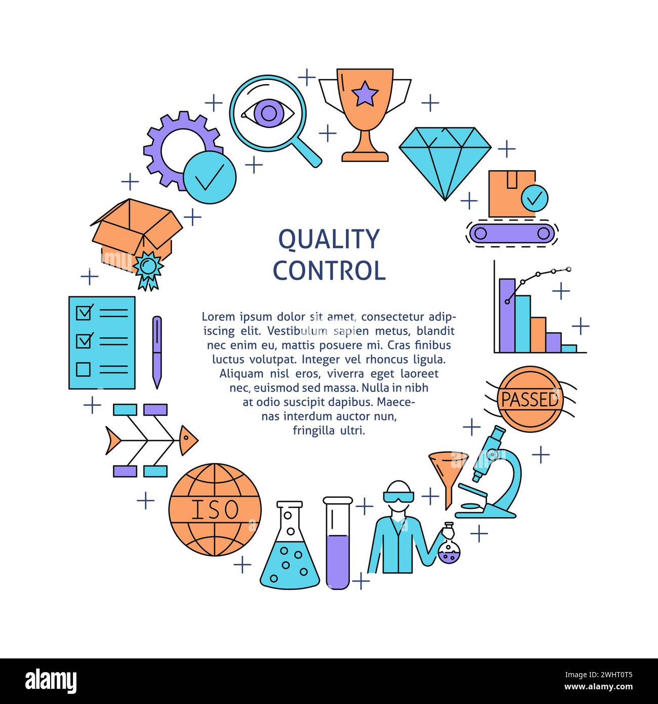 Quality control and testing round banner with place for text. Product ...