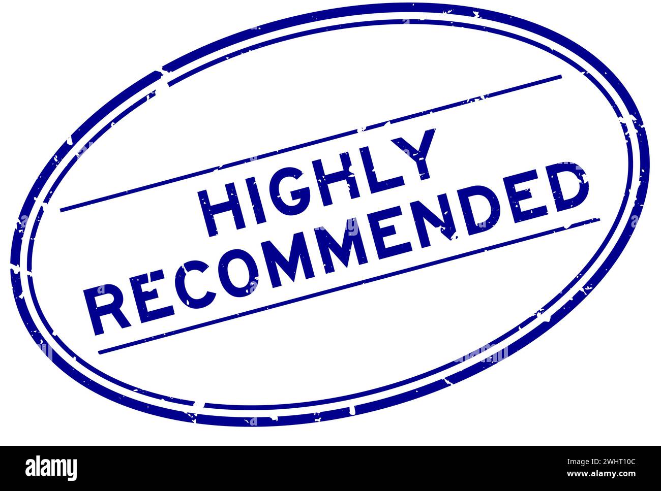 Grunge blue highly recommended word oval rubber seal stamp on white ...