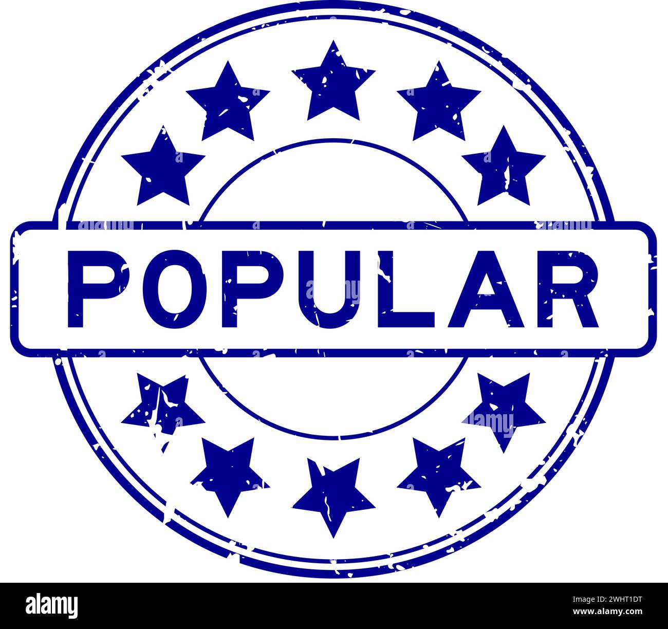 Grunge blue popular word with star icon round rubber seal stamp on ...