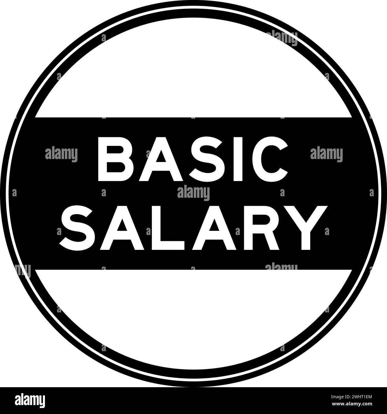 Black color round seal sticker in word basic salary on white background ...