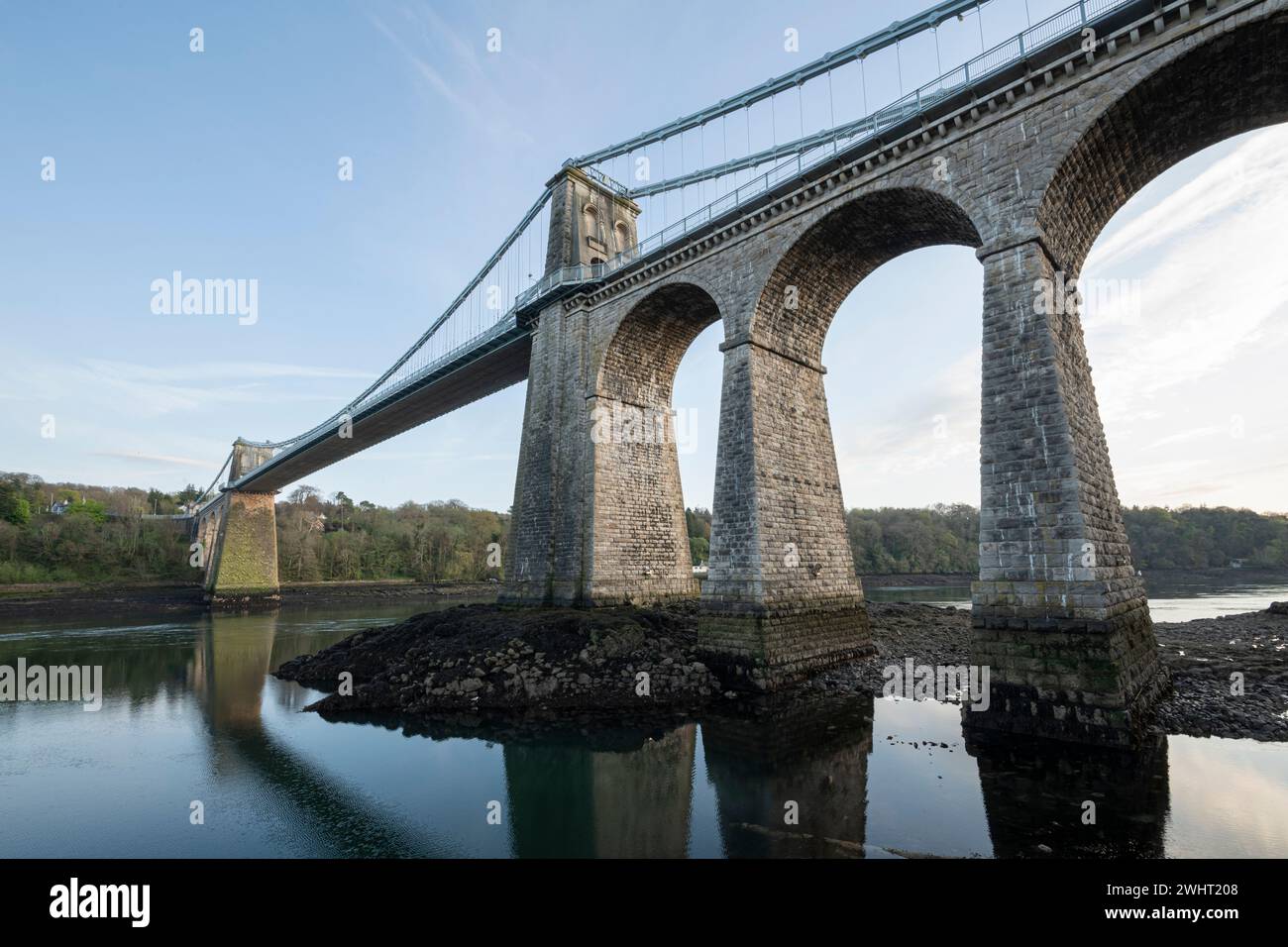 The Menai Suspension Bridge on the coast between Anglesey (Ynys Mon ...