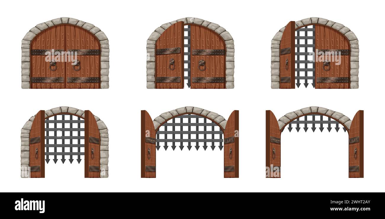 Opening medieval castle or church gate set, sequence game animation ...