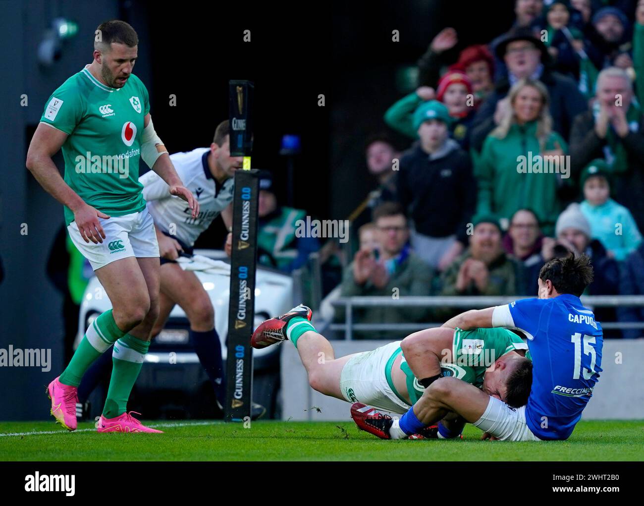 Italy's Ange Capuozzo fails to stop Ireland's Dan Sheehan from scoring ...
